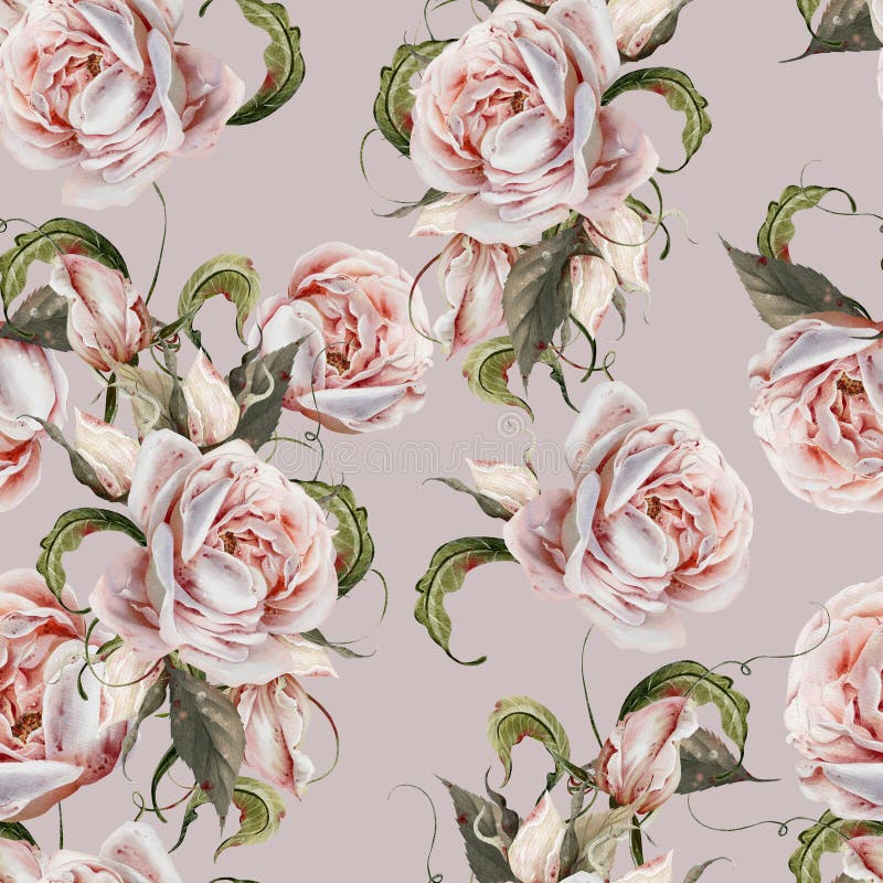 Watercolor Seamless Pattern with Pink Roses and Leaves Stock ...