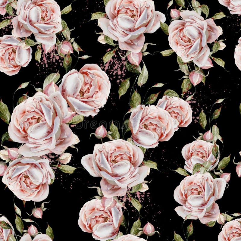 Watercolor Seamless Pattern with Pink Roses and Leaves Stock ...