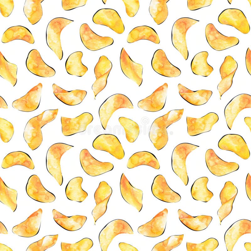 Watercolor Seamless Pattern of Potato Chips on White Background. Stock ...