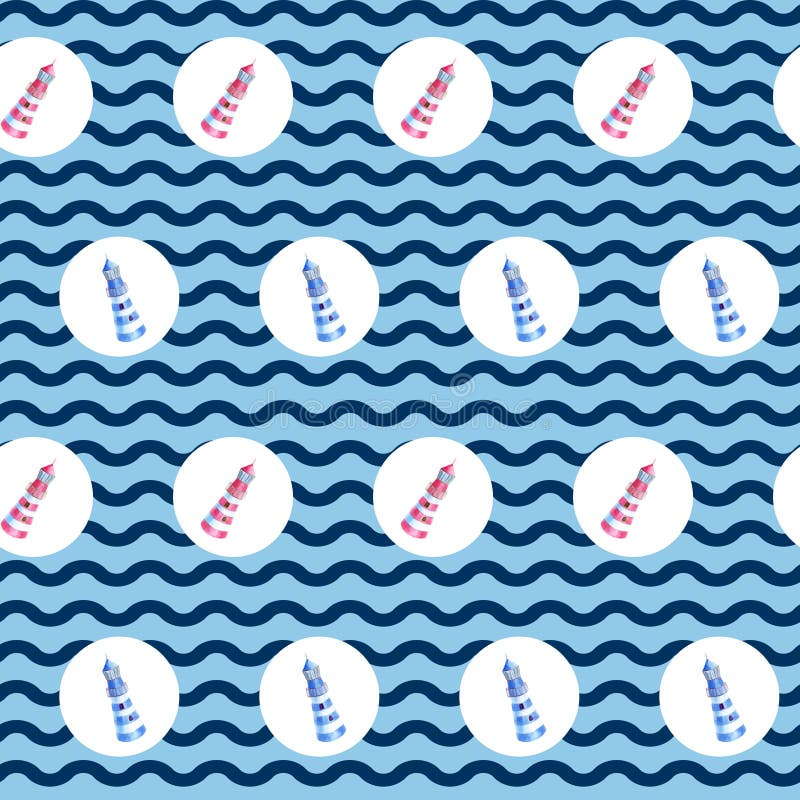 Watercolor Seamless Pattern with Red and Blue Lighthouse Stock ...