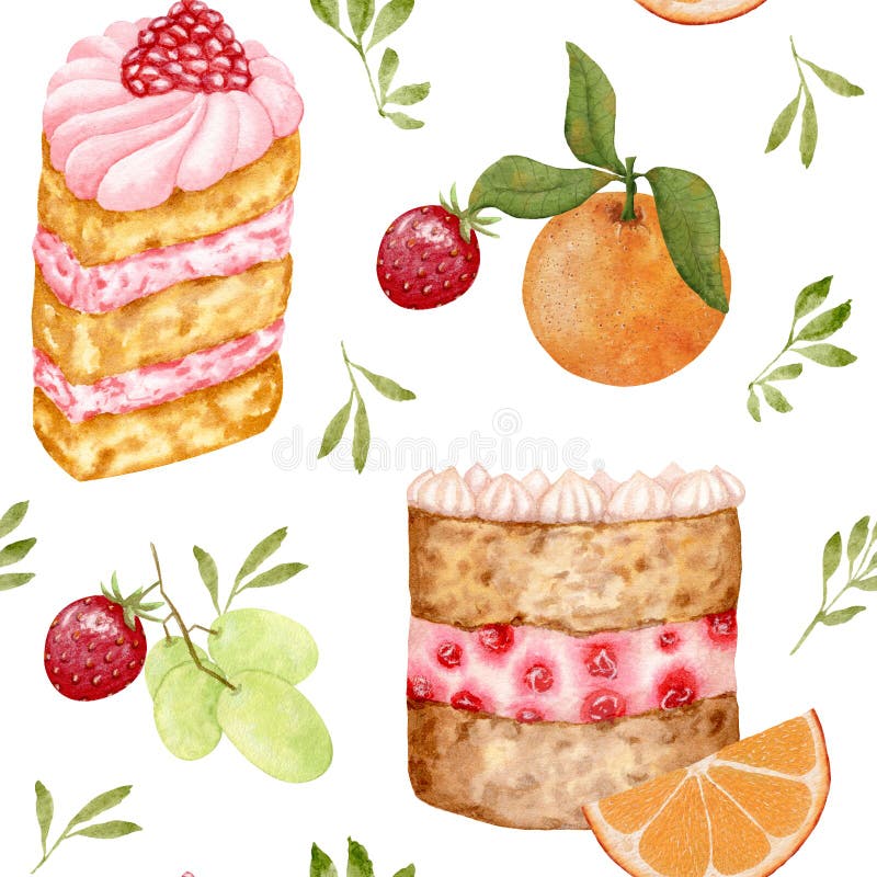 Watercolor Seamless Pattern with Raspberry and Cherry Cake. Pattern ...