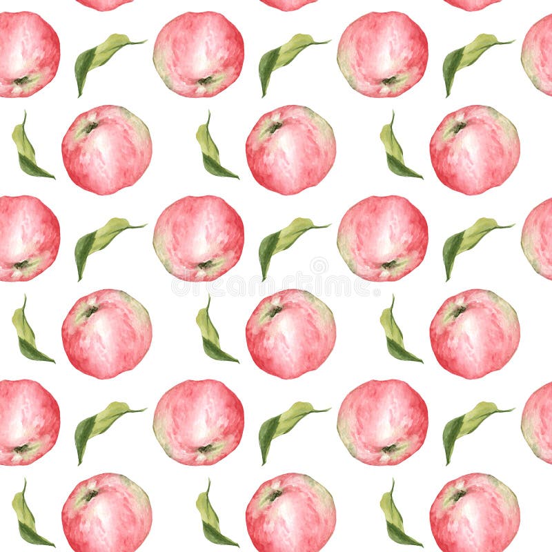 Watercolor Seamless Pattern With Red Apples Realistic Botanical