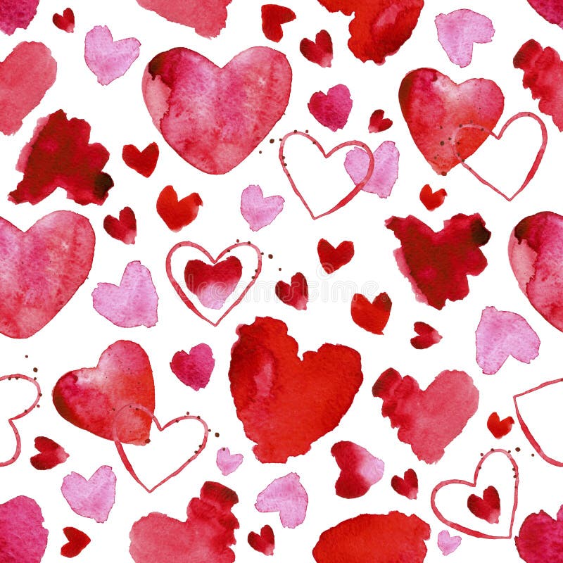 Watercolor Seamless Pattern with Red and Pink Heart on White Background ...