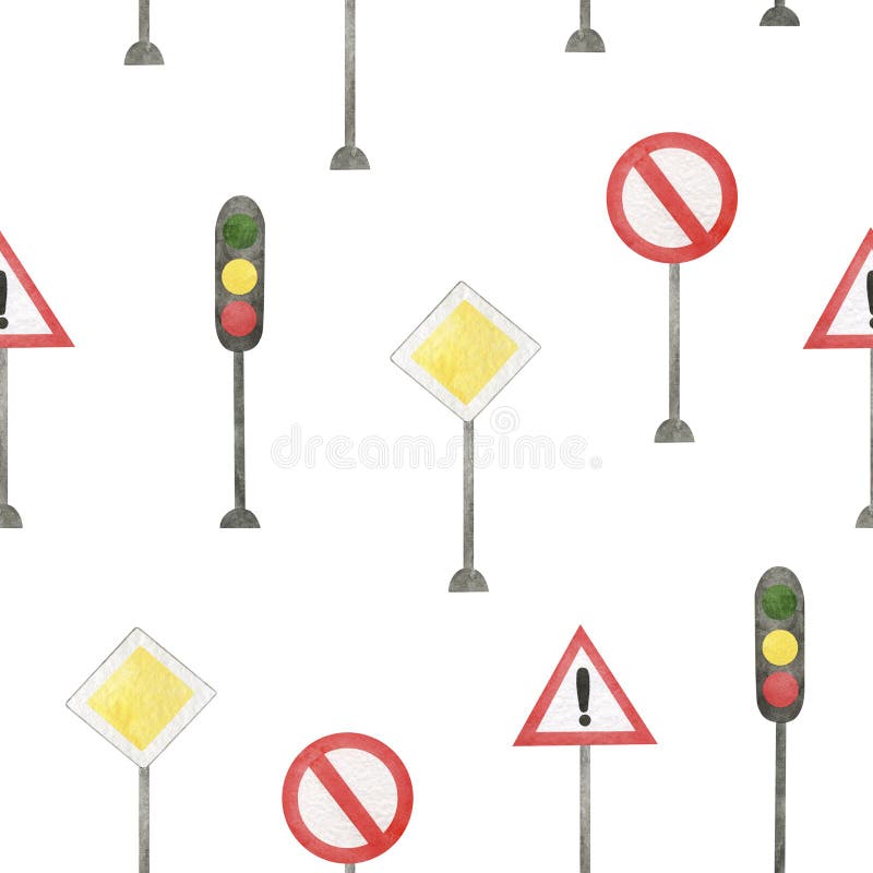 Watercolor Seamless Pattern with Road Signs for Fabric. Stock ...
