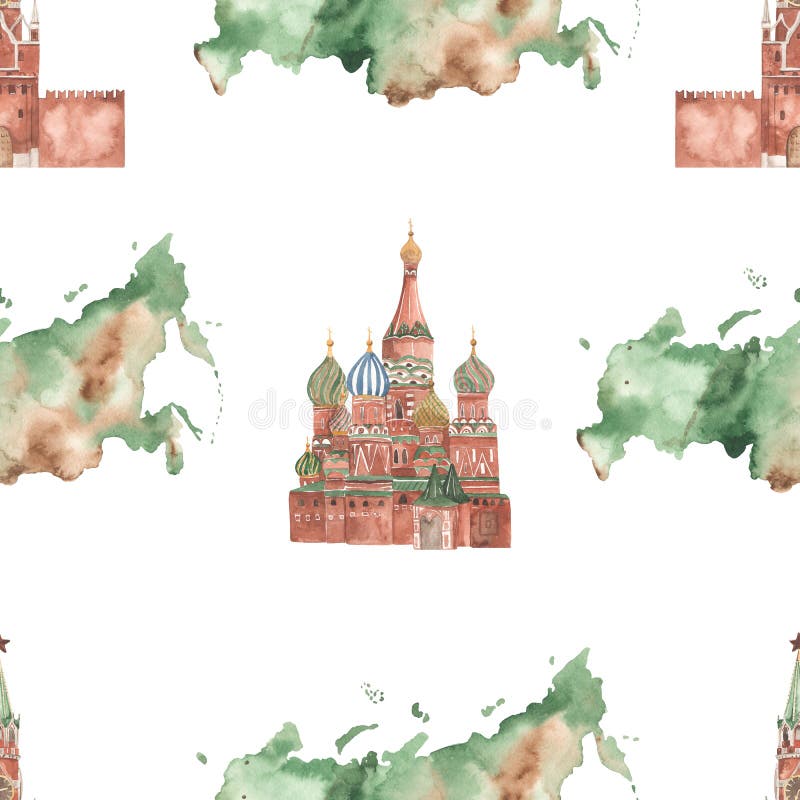 Watercolor Seamless Pattern with Russia Landmarks, Kremlin, St. Basil`s ...