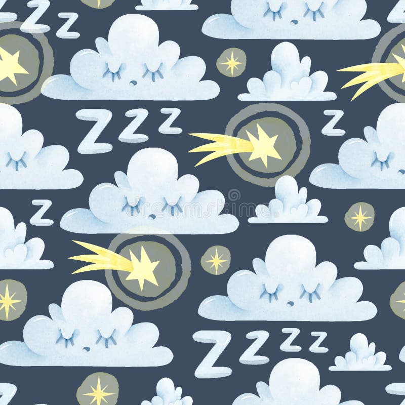 Sleeping Clouds and Stars Watercolor Seamless Pattern on Dark ...