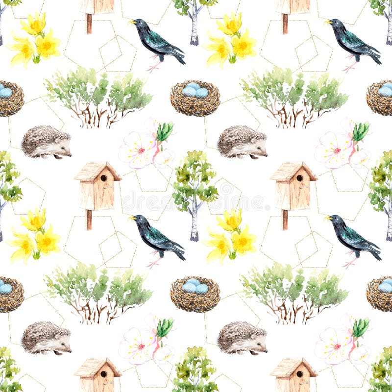 Watercolor Seamless Pattern - Spring, Birds, Chicks Nest, Hedgehog ...