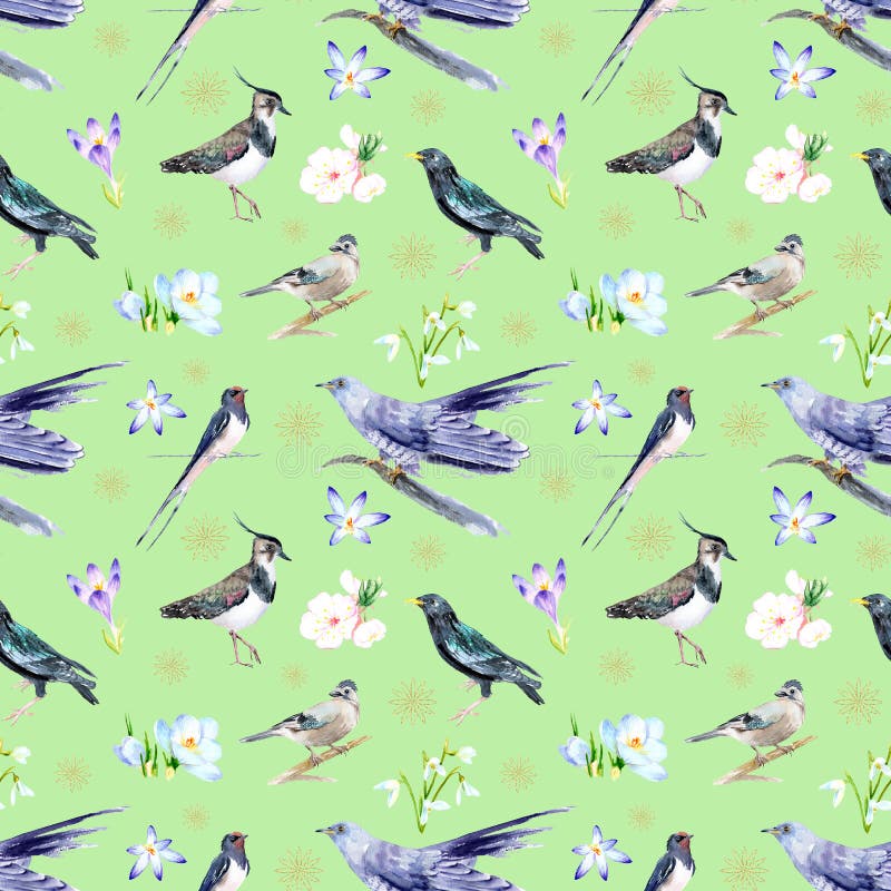 Watercolor Seamless Pattern - Spring, Birds, Chicks Nest Stock ...