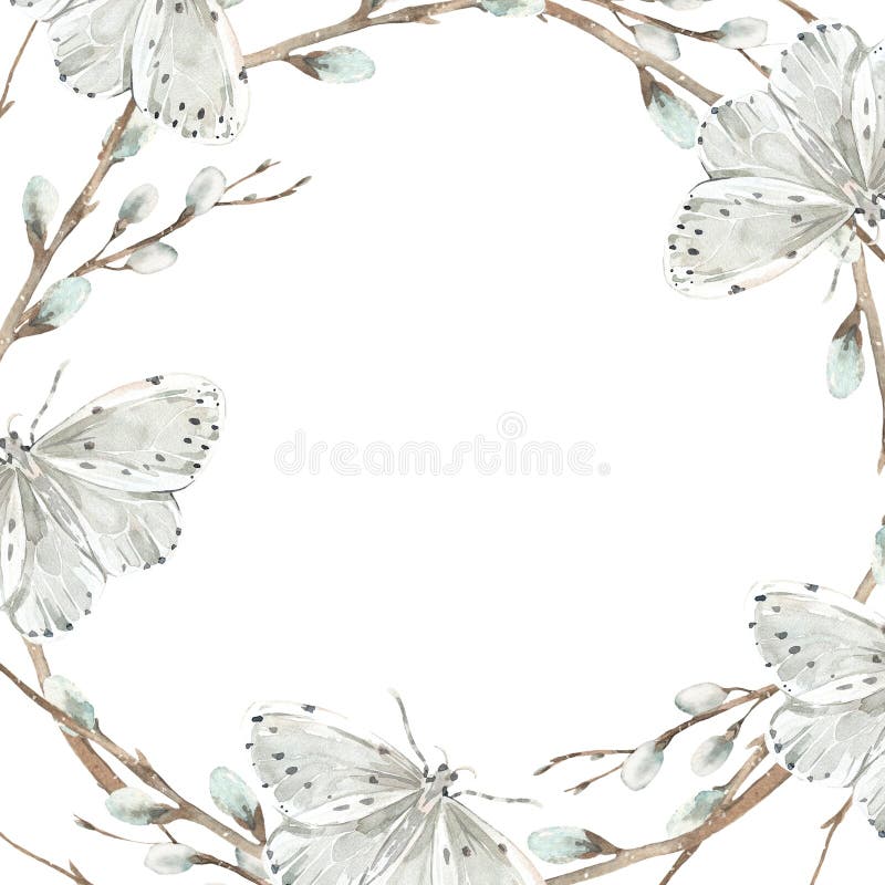 Watercolor Seamless Pattern with Spring Branches, White Butterfly ...