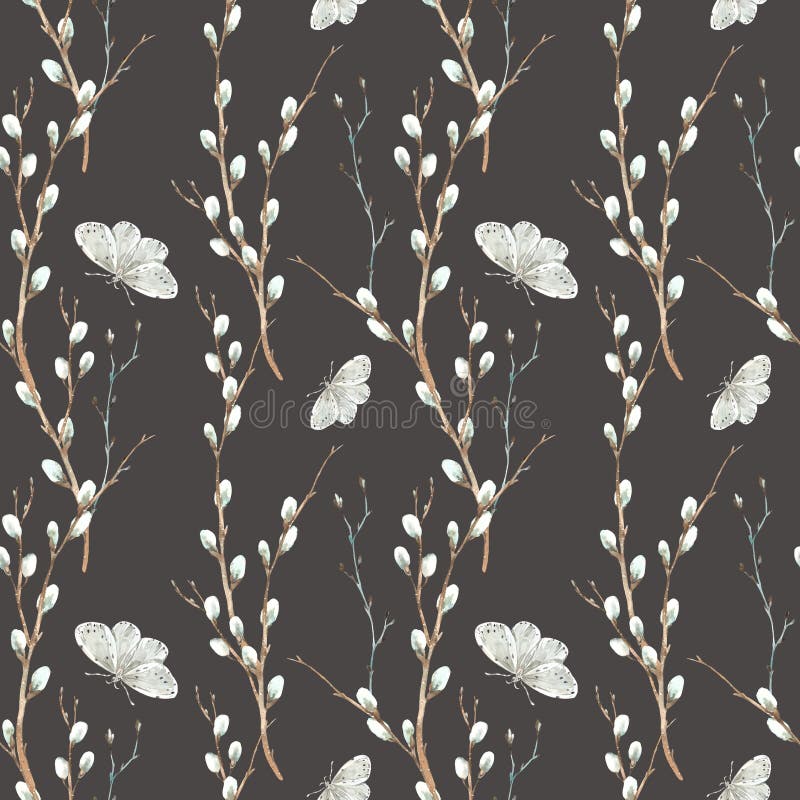 Watercolor Seamless Pattern with Spring Branches, White Butterfly, Willow. Stock Image - Image ...