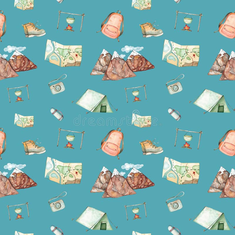 Watercolor Seamless Pattern with Things for Hiking. Mountains, Tent and ...