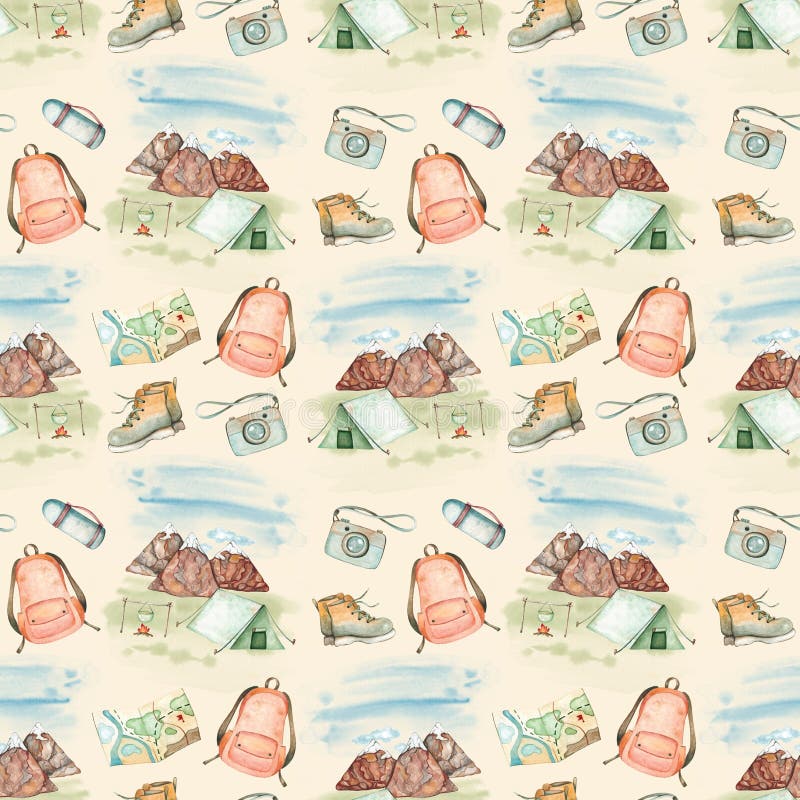 Watercolor Seamless Pattern with Things for Hiking. Mountains, Tent ...