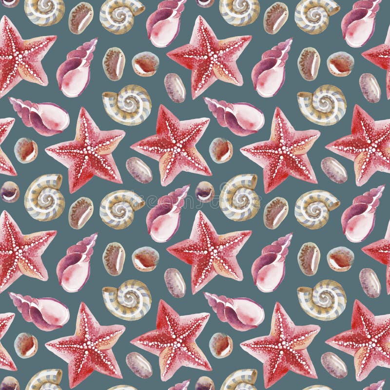 Watercolor Seamless Pattern of Topical Shell, Starfish and Pebble Stock ...