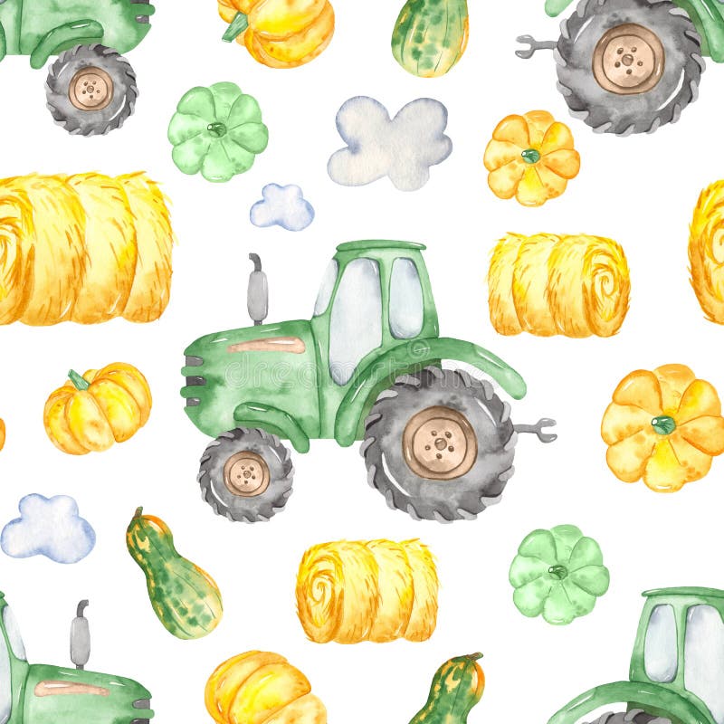 Watercolor Seamless Pattern with Tractor, Harvest, Pumpkins, Leaves ...