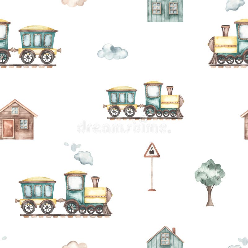 Watercolor Seamless Pattern with Trains, Wagons, Transport, Railroad ...