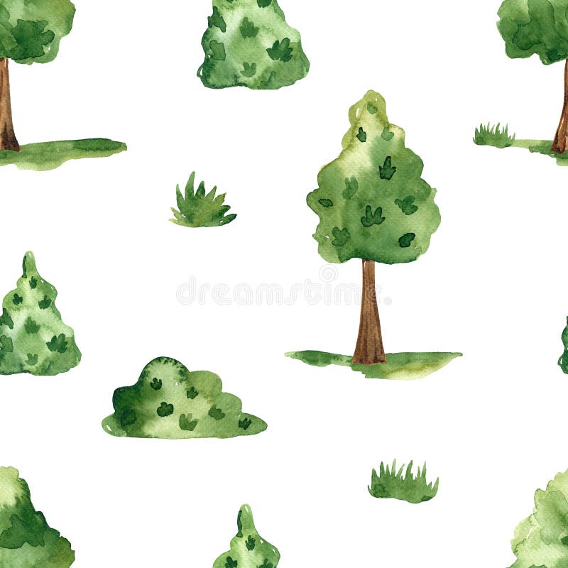 Watercolor Seamless Pattern with Trees, Bushes, Grass, Park Texture ...