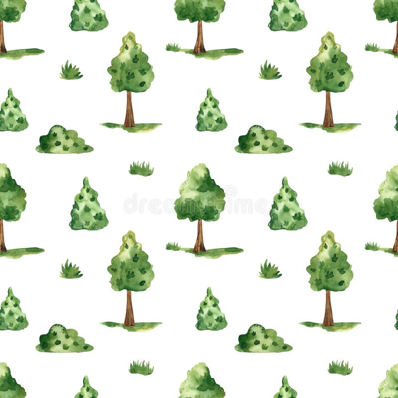 Watercolor Seamless Pattern with Trees, Bushes, Grass, Park Texture ...