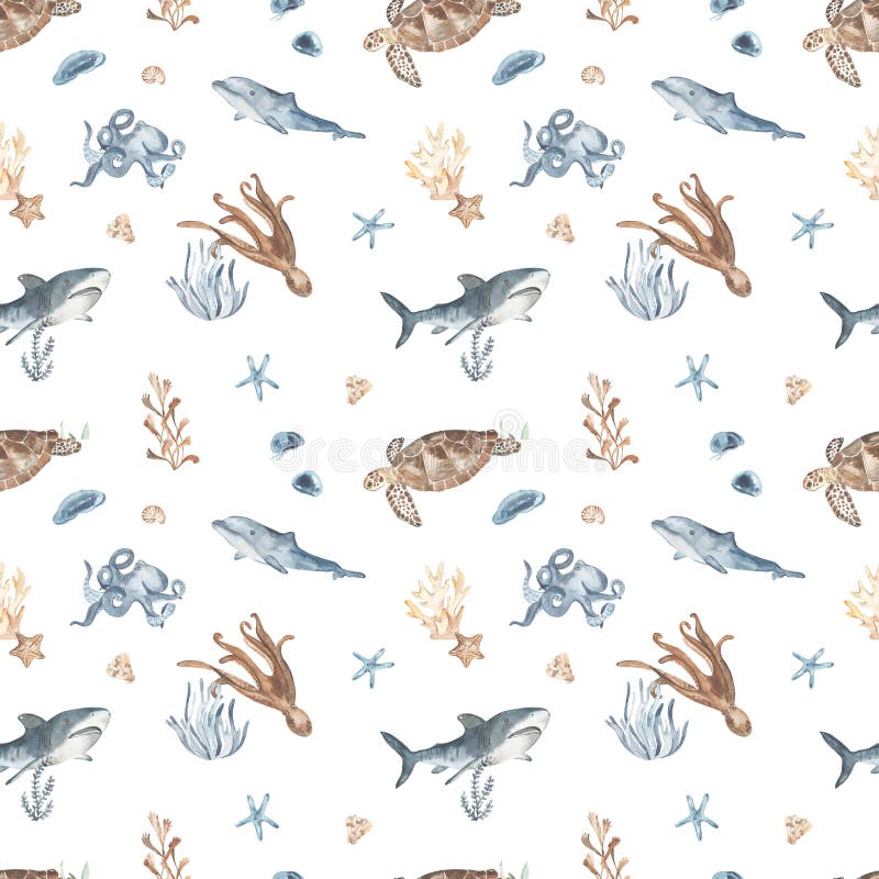 Watercolor Seamless Pattern with Underwater Creatures, Dolphin, Shark ...