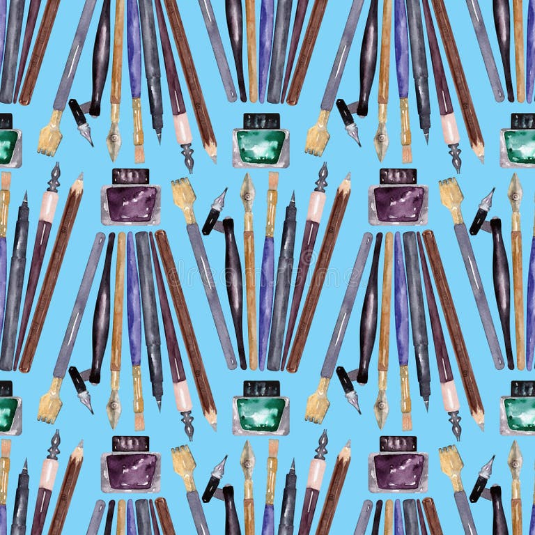 Watercolor Seamless Pattern with Various Objects of Calligraphy Stock ...