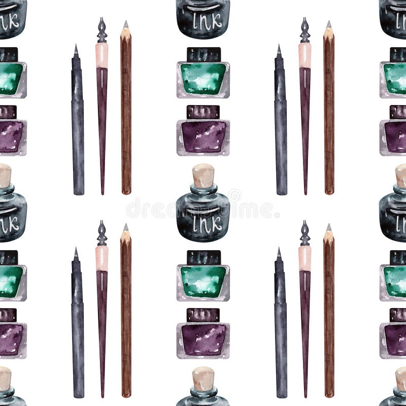 Watercolor Seamless Pattern with Various Objects of Calligraphy Stock ...