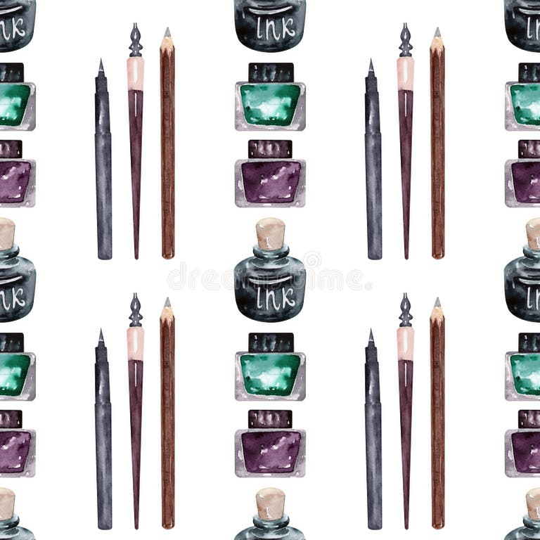 Watercolor Seamless Pattern with Various Objects of Calligraphy Stock ...