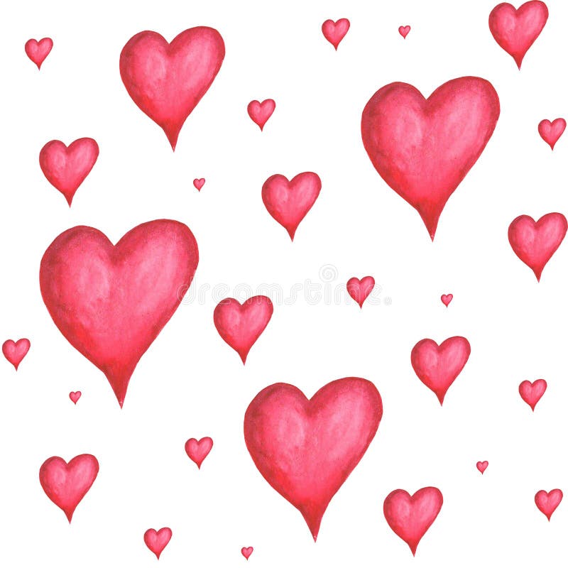 Watercolor Seamless Pattern With Volume Hearts On White Background