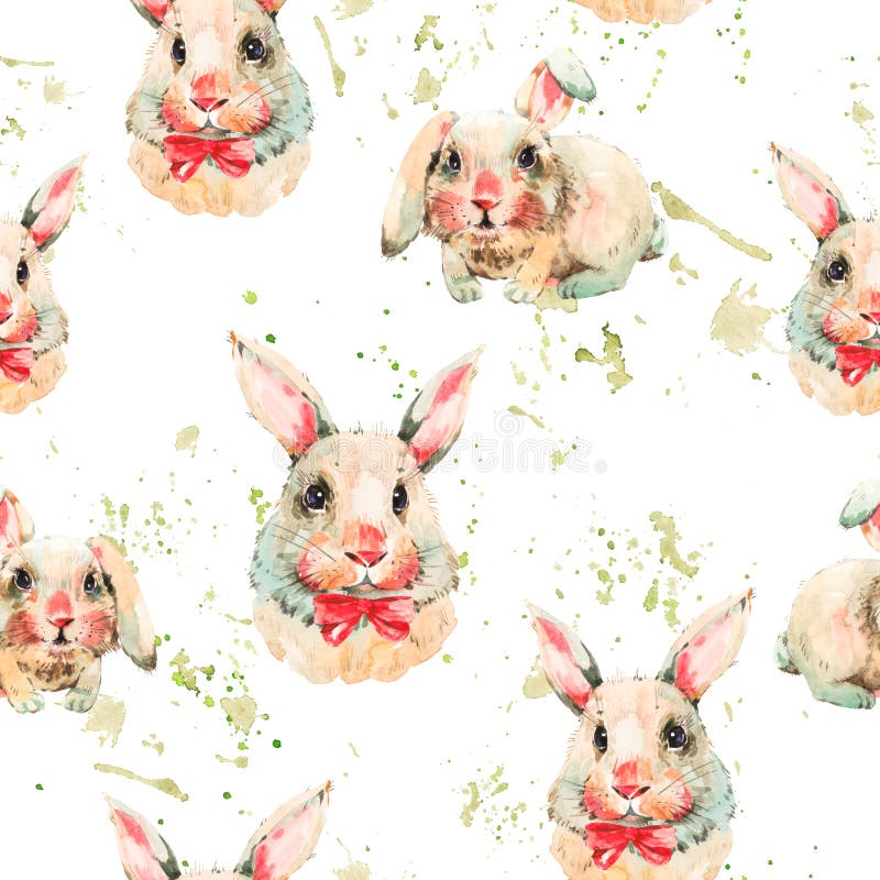 Watercolor Seamless Pattern with White Rabbit Stock Illustration ...