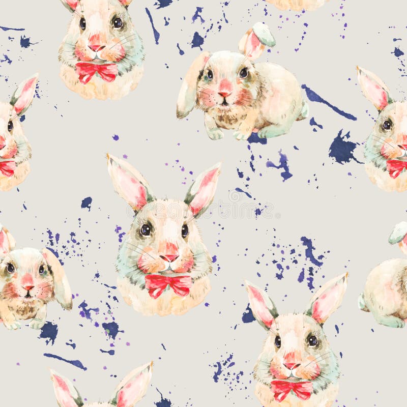Watercolor Seamless Pattern with White Rabbit Stock Illustration ...