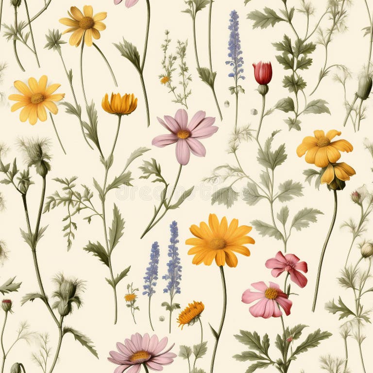 Watercolor Seamless Pattern with Wildflowers Stock Illustration ...