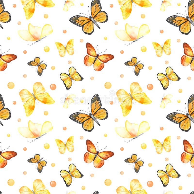 Watercolor Seamless Pattern with Yellow Butterflies on a White ...