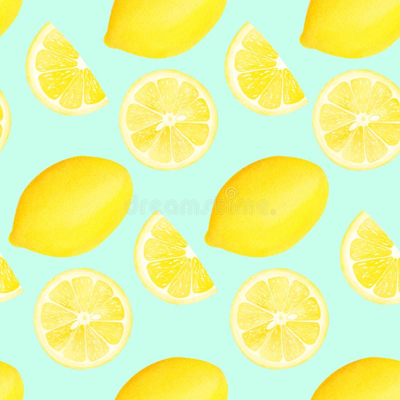 Watercolor Seamless Pattern with Yellow Lemon Fruits with Blue ...