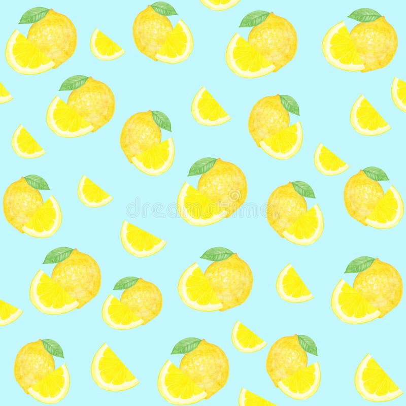 Yellow Watercolor Lemon Slices Pattern on White Background. Watercolor ...