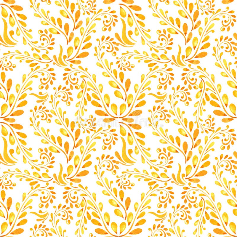 Watercolor Seamless Pattern of Yellow Ornate Branches Stock ...