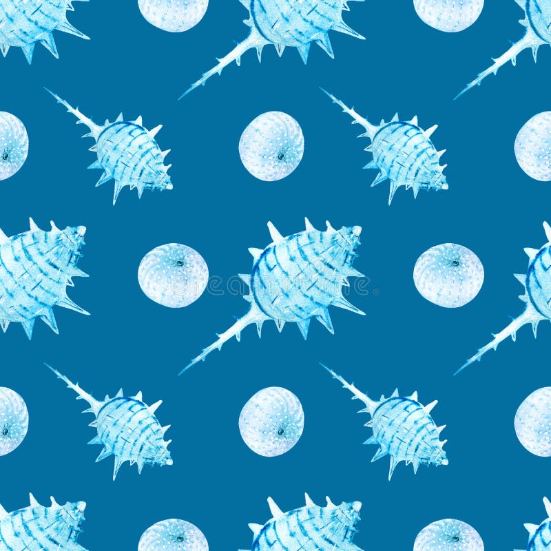 Watercolor Seamless Patterns with Blue Seashells on a Blue Background ...