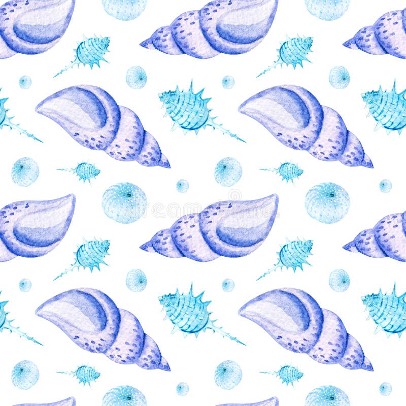 Watercolor Seamless Patterns with Blue Seashells on a White Background ...
