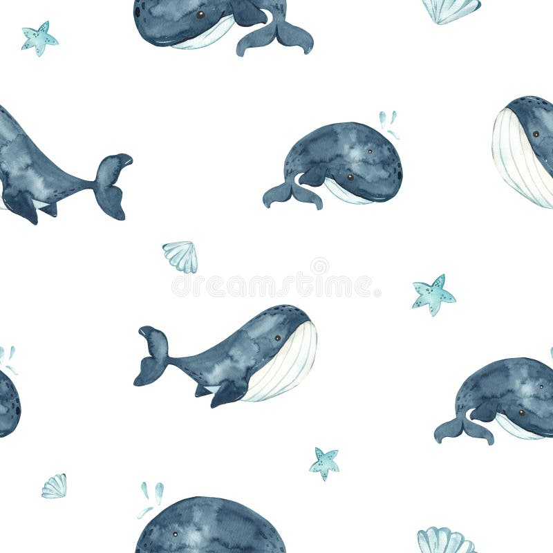 Watercolor Seamless Sea Pattern with Whales, Shells for Kids Prints and ...