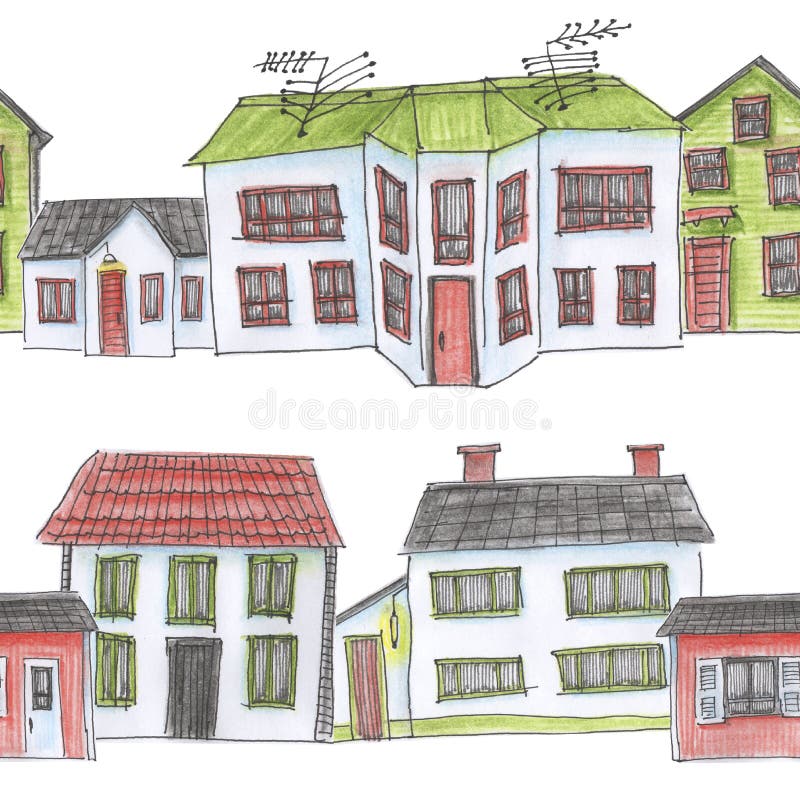 Watercolor Seamless Texture of Houses in a Row. Row of Old Houses Stock ...
