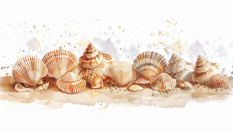 Watercolor Seashell Collection on Abstract Splatter Background Stock ...