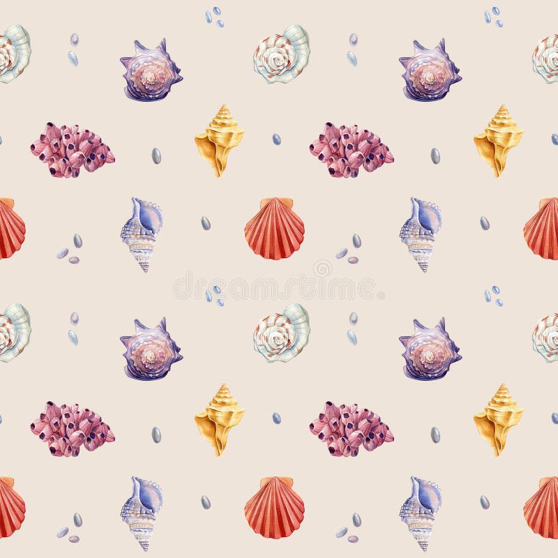 Watercolor Seashell Seamless Pattern. Underwater Creatures, Seashell ...