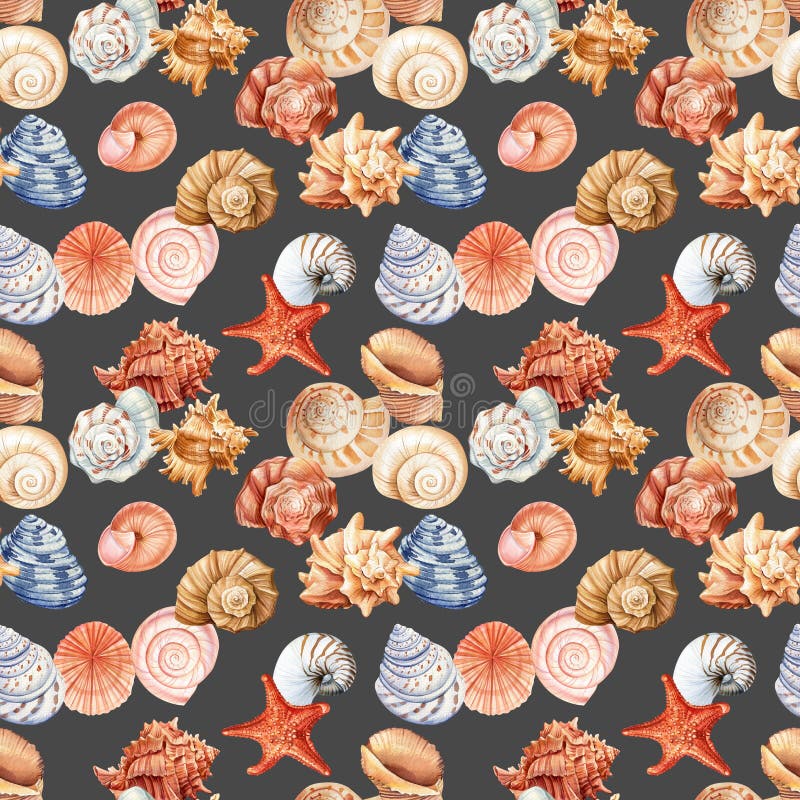 Watercolor Seashell Seamless Pattern. Underwater Creatures, Seashell ...