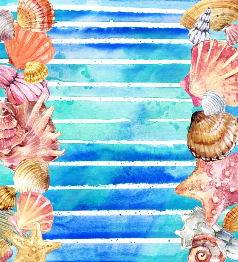Watercolor Seashell. Seashell on Watercolor Blue Background Stock ...