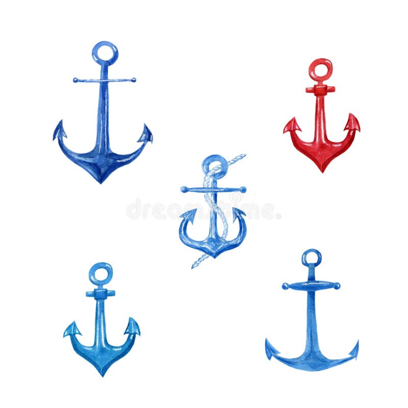 Watercolor Set of anchors. stock image. Image of helm - 98669517