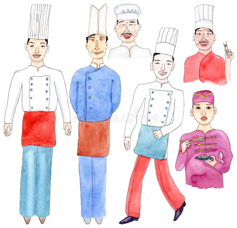 Watercolor Set of Asian Chefs on White Background Stock Illustration ...