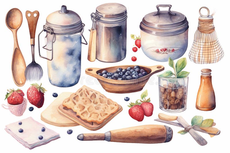 A Watercolor Set for Baking Stock Illustration - Illustration of bakery ...
