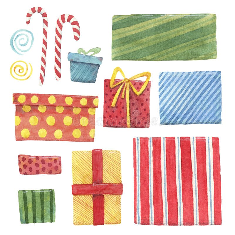 Watercolor Set of Blue, Red, Yellow and Green Gift Boxes Isolated on ...