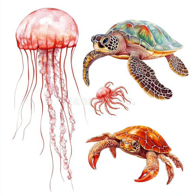 A Watercolor Set Capturing the Ocean and Sea Elements: a Turtle, Crab ...