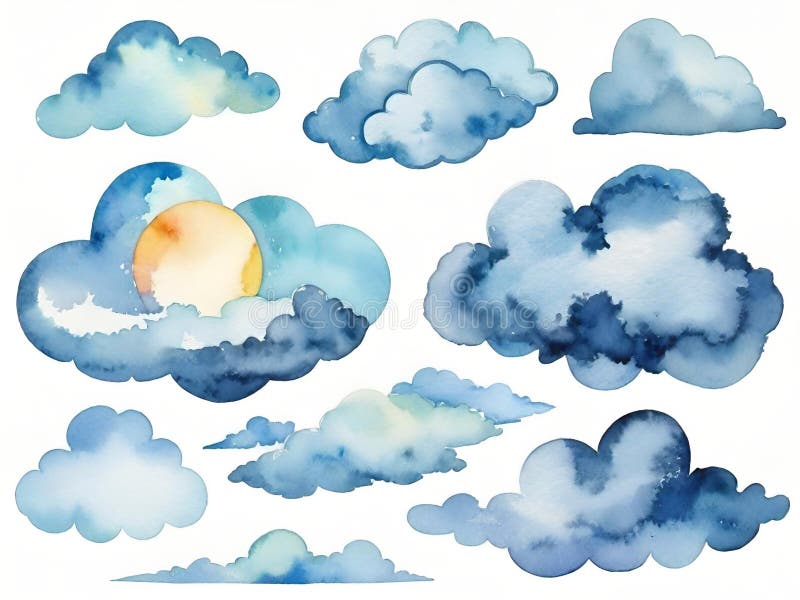 Watercolor Set of Clouds, Hand Painted Stock Illustration ...
