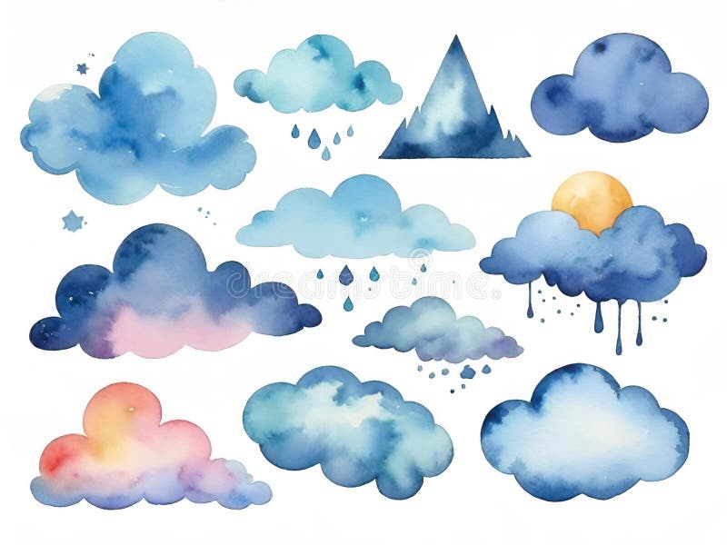Watercolor Set of Clouds, Hand Painted Stock Illustration ...