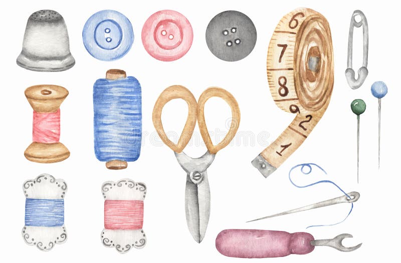 Watercolor Set of Cute Tailor Tools -ribbons, Scissors, Buttons, Beads ...