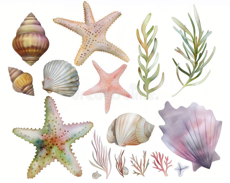 Watercolor Set of Cute Underwater Starfish, Shell, and Algae for Cute ...